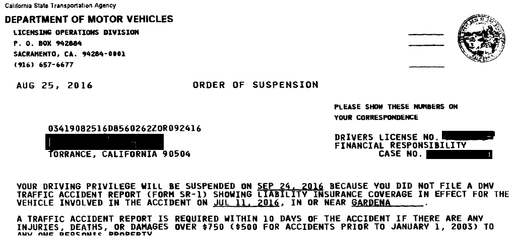 Order of Suspension for Financial Responsibility - California DMV ...